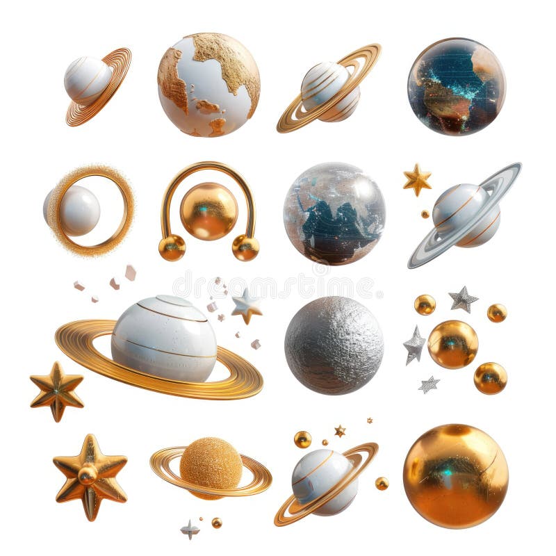 3D Gold Planets and Moons in White Background Stock Illustration ...