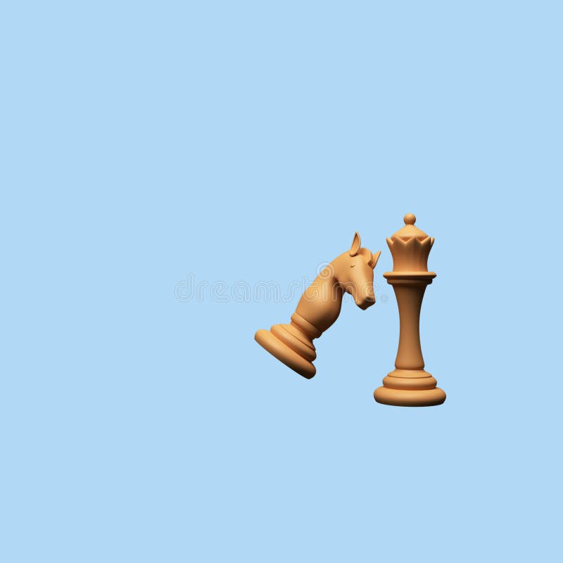 3D Golden Knight and Queen Chess Piece Against Blue Stock Illustration ...