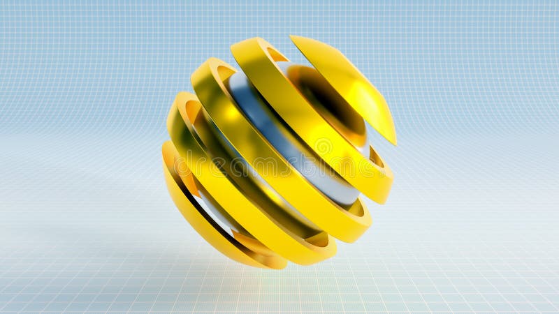 3D Golden Sliced Sphere Encapsulating a Silver Sphere Over a Blue Grid ...