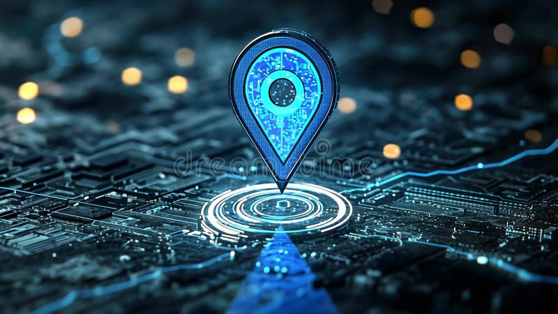 3D GPS Location Pin Hovering Over Intricate Circuitry, Neon Glowing ...