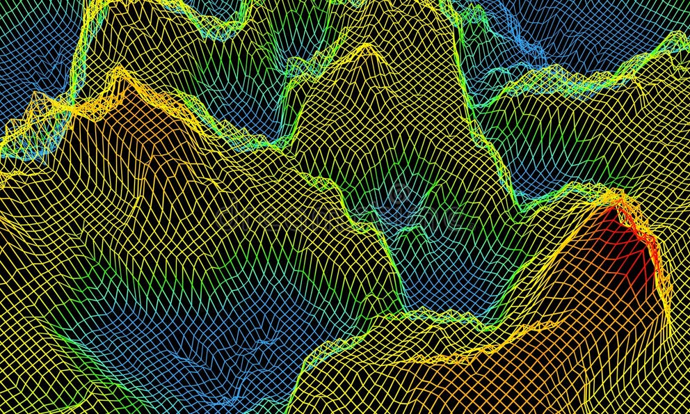 3D Gradient Neon Grid Terrain. Scientific Generated Data Stock ...