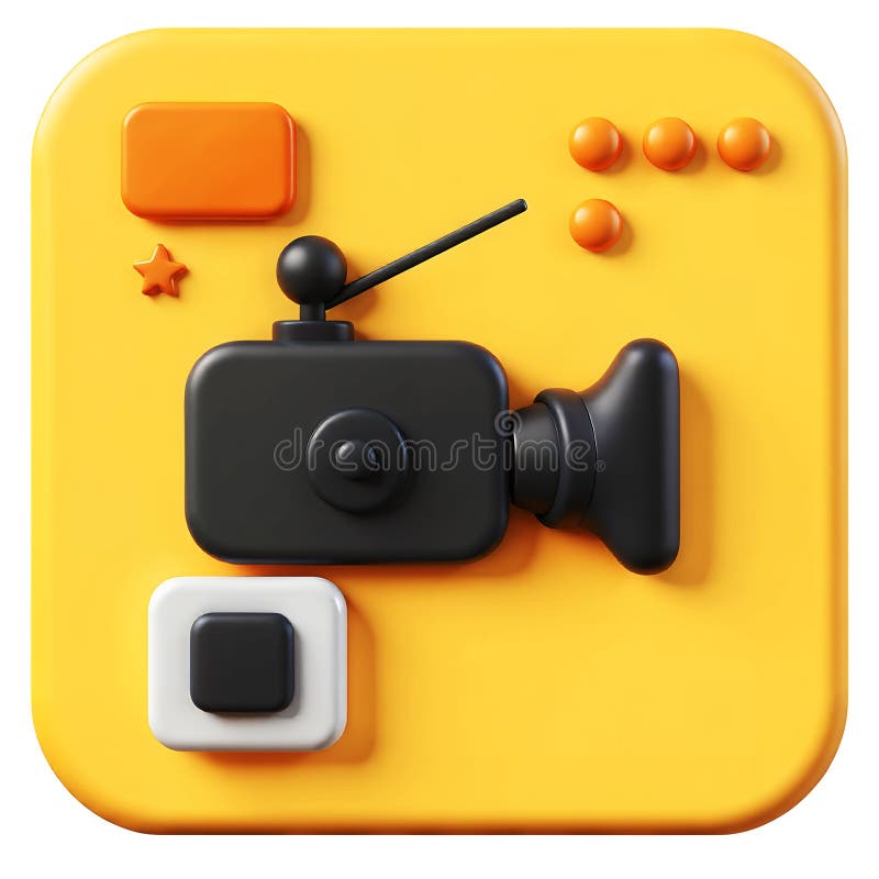 3D Graphic Icon of a Black Video Camera with Orange Buttons on a Bright ...