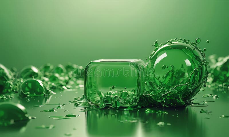 3D Green Cube and Green Sphere, Surrounded by Scattered Green Spheres ...