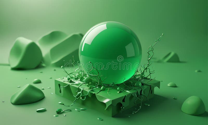 3D Green Egg-shaped Object Rests on Green Base, Surrounded by Scattered ...