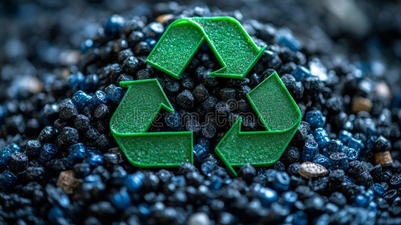 A 3D Green Recycling Symbol on Black Plastic Granules, Representing ...