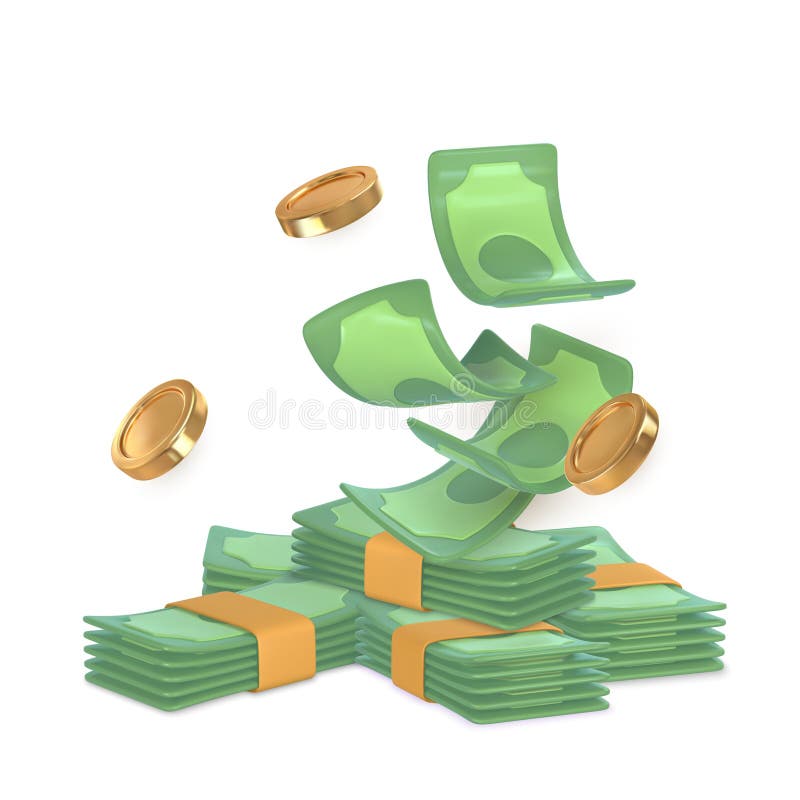 3d Green Stack of Money in Cartoon Style. Falling Gold Coin and Twisted ...