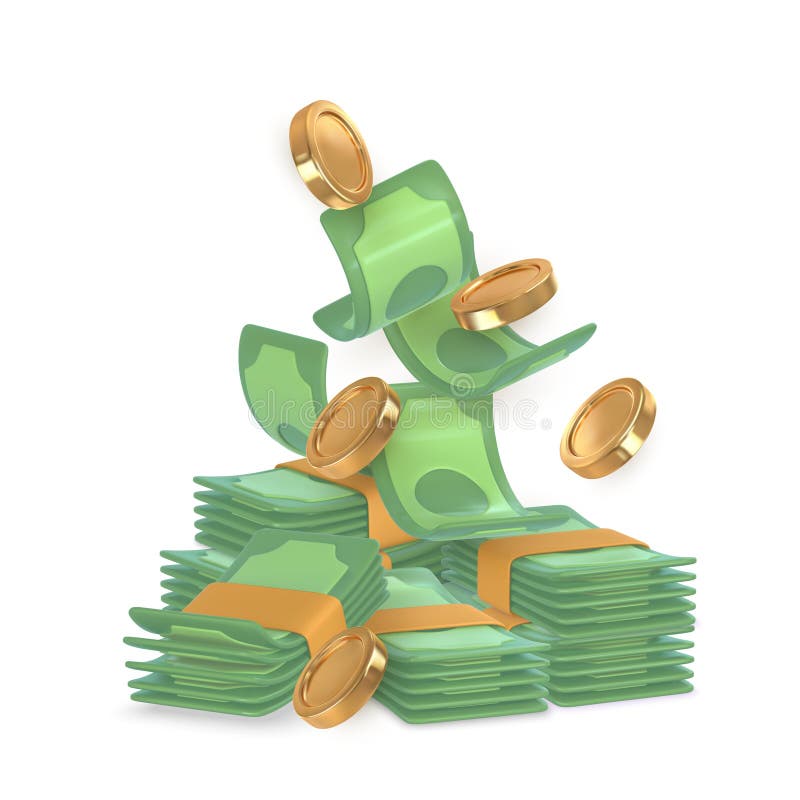 3d Green Stack of Money in Cartoon Style. Falling Gold Coin and Twisted ...