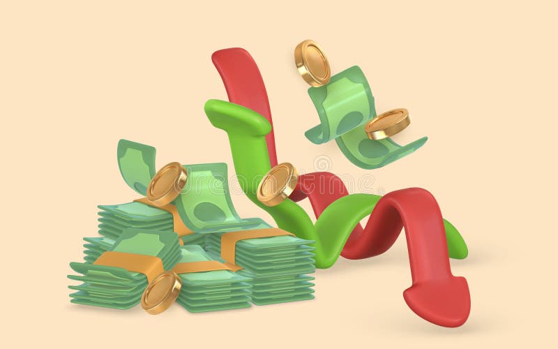 3d Green Stack of Money with Green Up and Red Down Arrow. Falling Gold ...