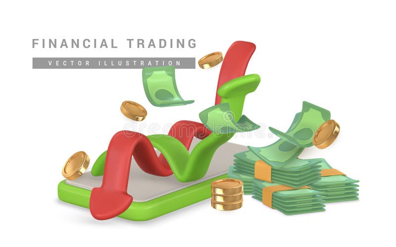 3d Green Stack of Money with Green Up and Red Down Arrow. Falling Gold ...