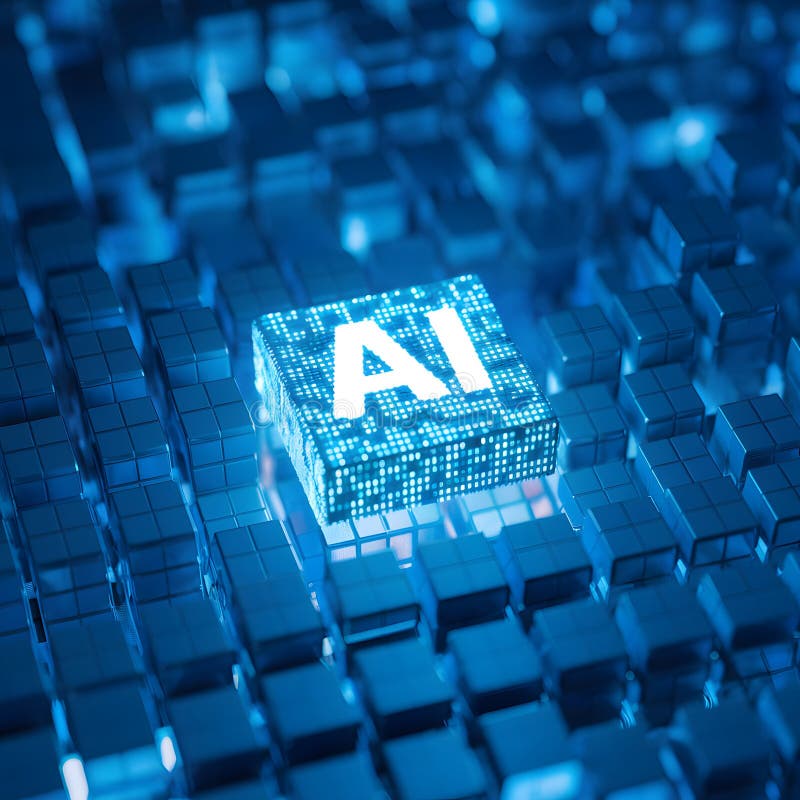 3D Grid of Glowing Cubes, Central Cube with AI, Bright Illumination ...
