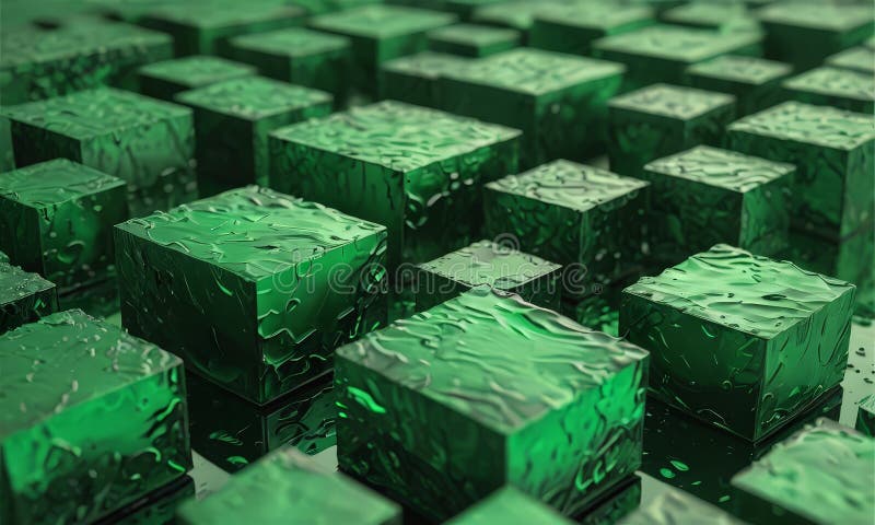 3D Grid Green Cubes, with Some Cubes Appearing Wet and Others ...