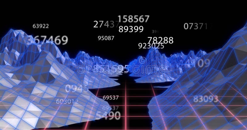 3D Grid Landscape with Floating Numbers Image Over Blue Wireframe ...