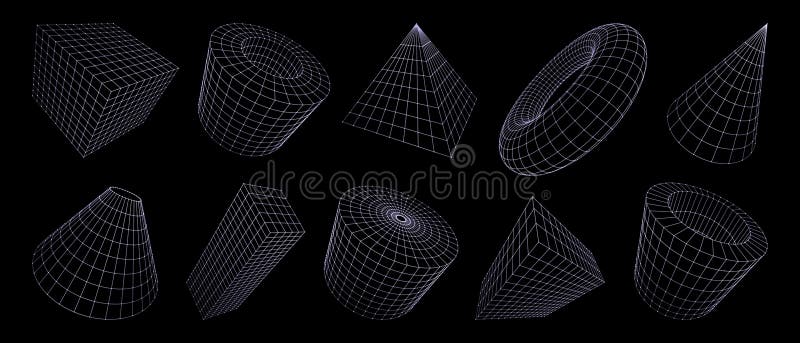 3d Grid Line Shapes, Wireframe Geometric Figures Stock Illustration ...