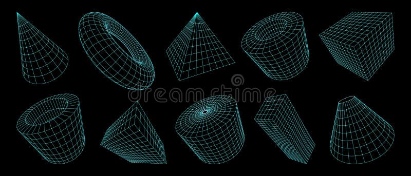 3D Grid Shapes, Wireframe Geometric Figures Set Stock Illustration ...