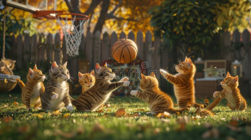 3D Group of Cats Playing Basketball on a Lawn Stock Illustration ...