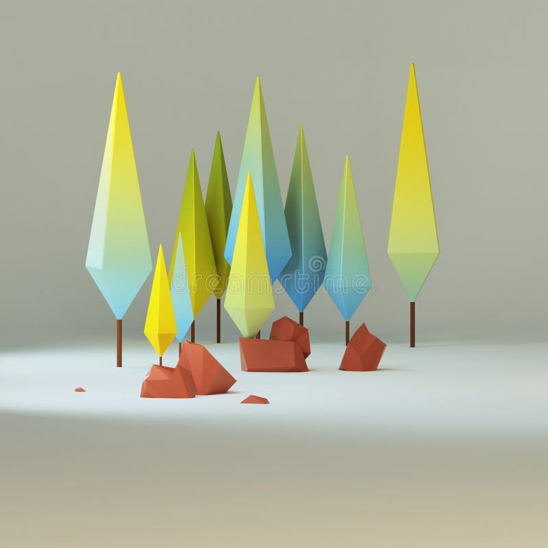 3d Group of Low Poly Stylized Trees and Rocks. Stock Illustration ...