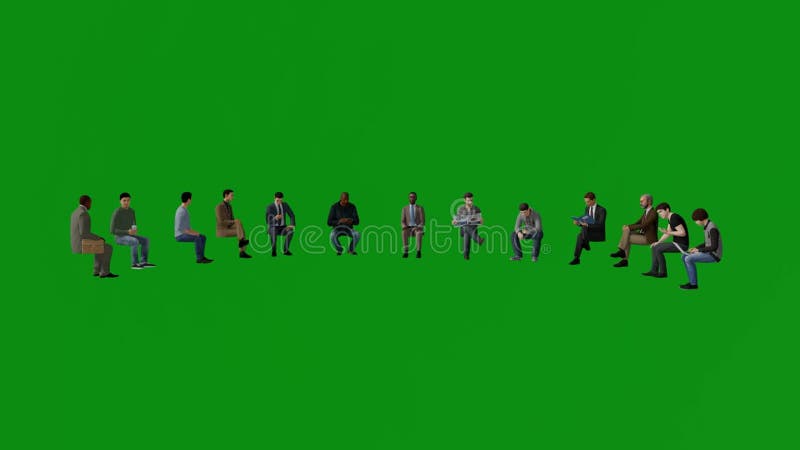 3D Group Male Office Workers Sitting Green Background Screen and ...