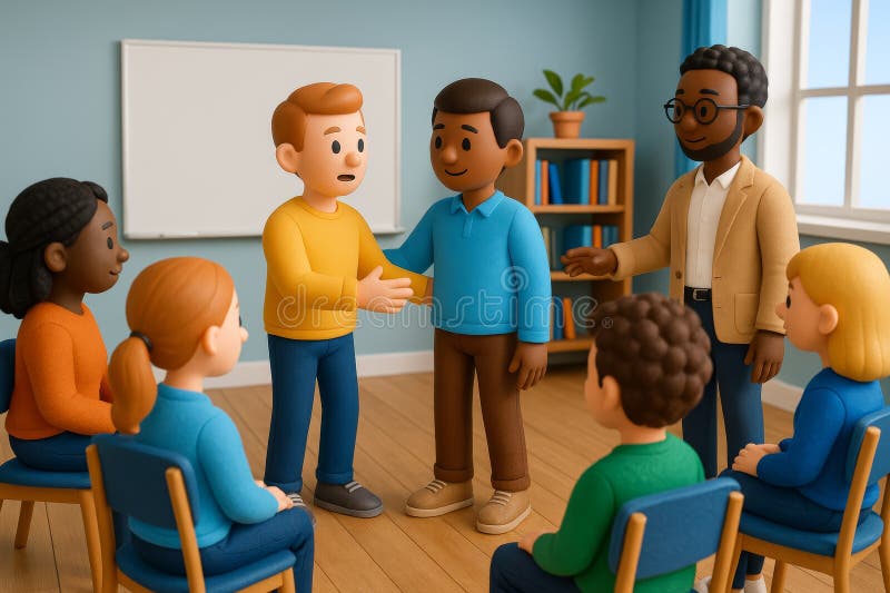 3D Group Therapy Session with Handshake Stock Illustration ...