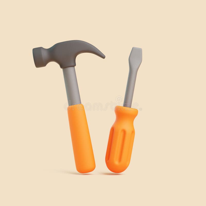 3D Hammer and Flathead Screwdriver with Orange Handles on Beige ...