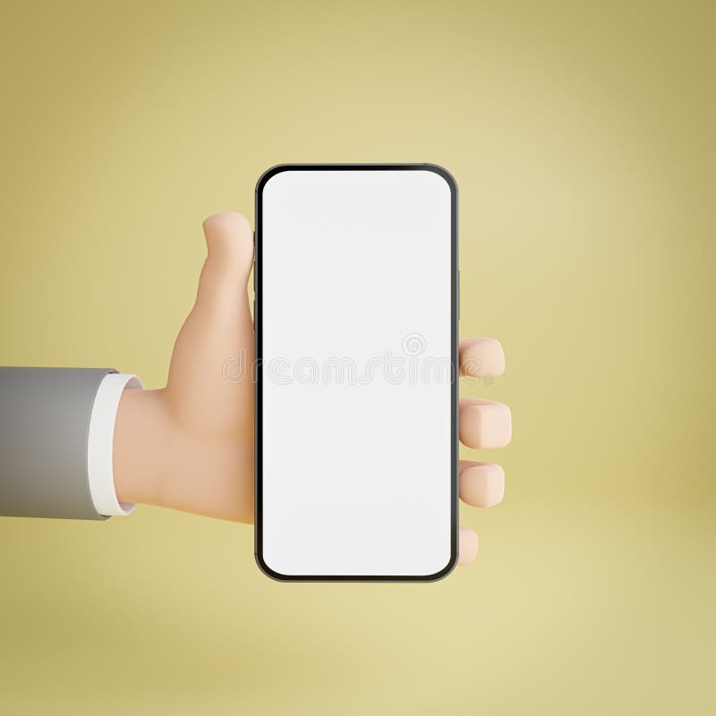3D Illustration Hand Holding Mobile Smart Phone on Yellow Background ...