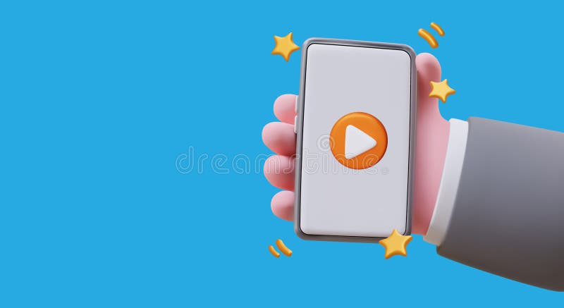 3D Hand Holding Smartphone with Play Button on Screen. Symbol of Start ...