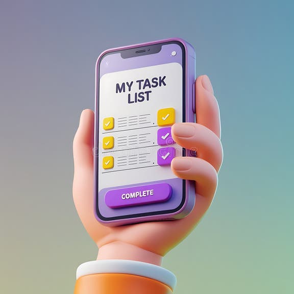 3D Hand Holds Purple Smartphone with Task List and Yellow Checkmarks ...