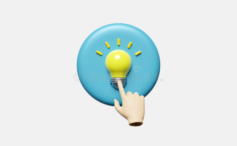 3d Hand Press Blue Button with Yellow Light Bulb Isolated on White ...