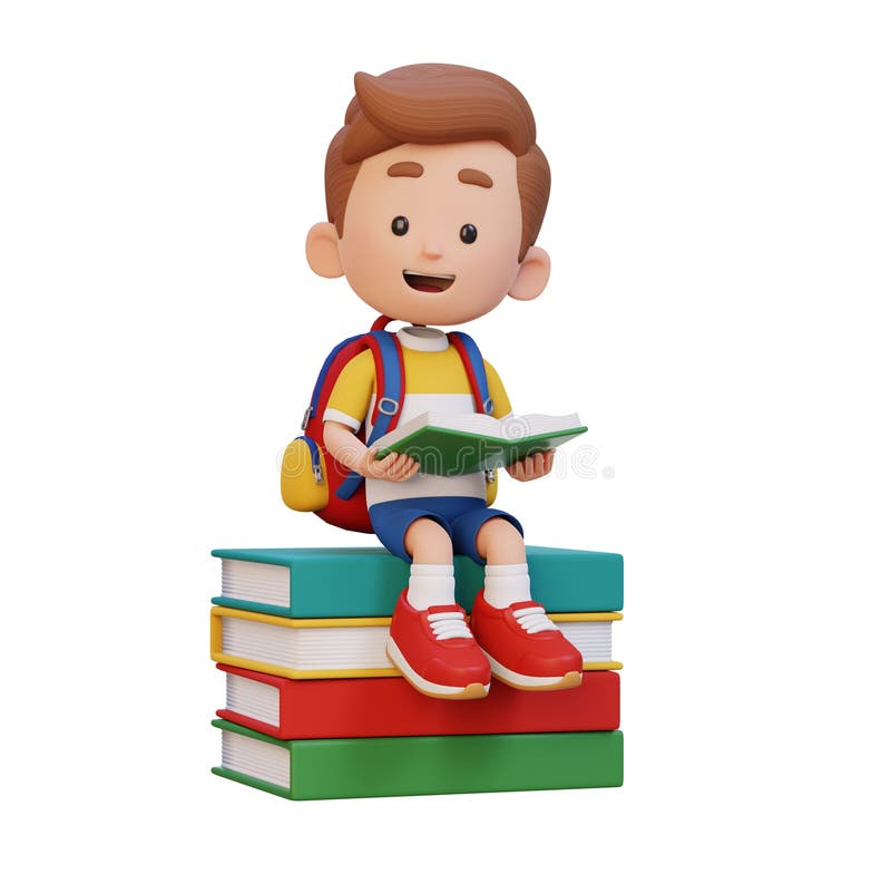3D Happy Kid Character Reading Book Stock Photo - Illustration of smile ...