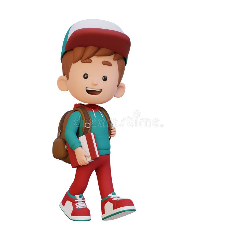 3D Happy Kid Character Walking Go To School Holding Book Stock Photo ...