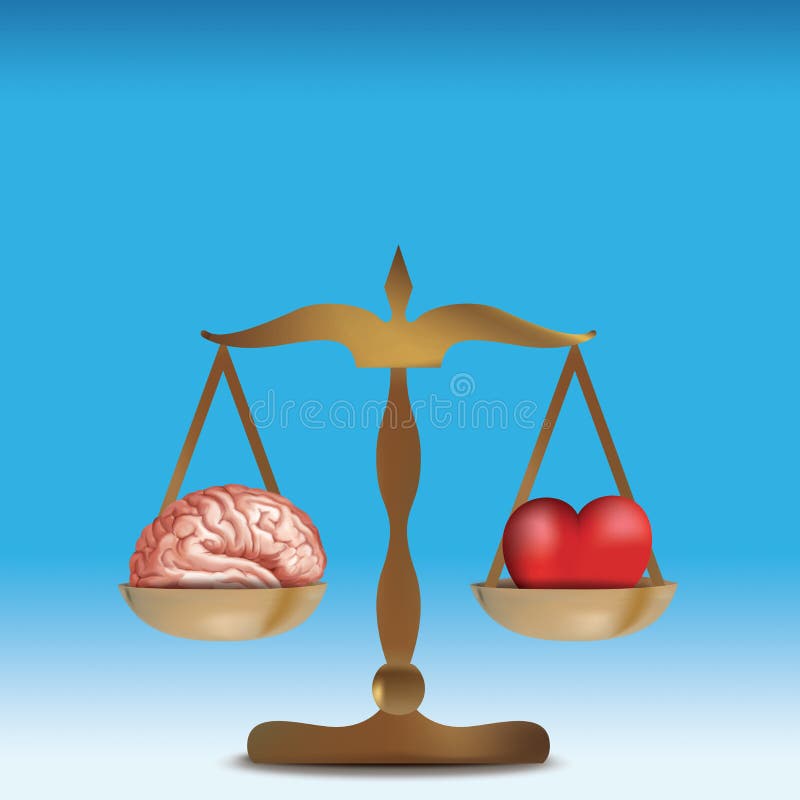 3d Heart and Brain Concept with Human Head Silhouette on Balance. Blue ...