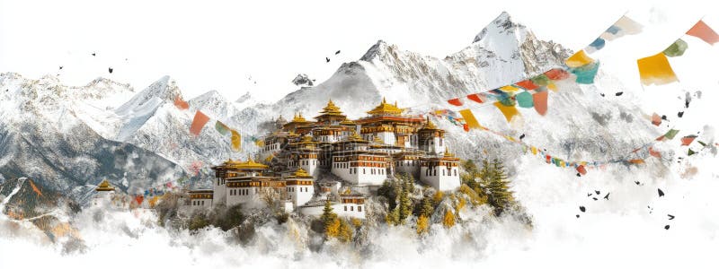 3D Himalayan Monastery and Prayer Flags on Asia Map Stock Illustration ...