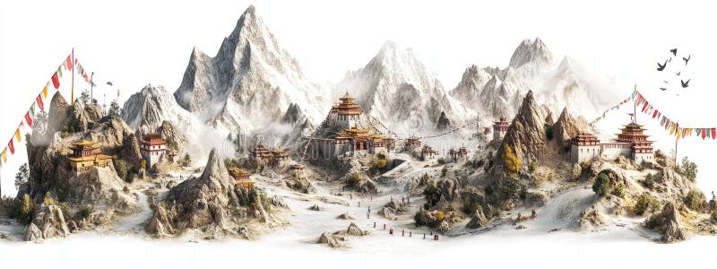 3D Himalayan Monastery and Prayer Flags on Asia Map Stock Illustration ...