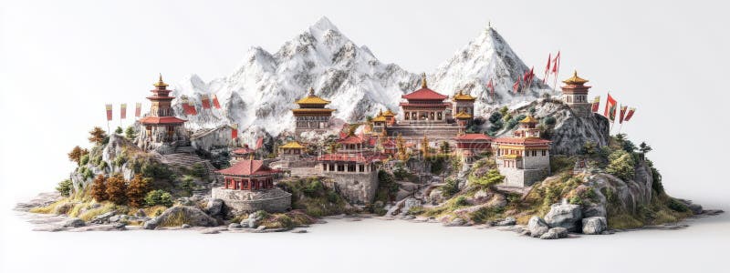 3D Himalayan Monastery and Prayer Flags on Asia Map Stock Illustration ...