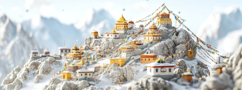 3D Himalayan Monastery and Prayer Flags on Asia Map Stock Illustration ...