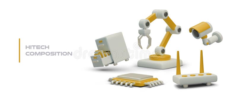 3D Hitech Composition. Office Drawer Unit, Programmable Manipulator ...