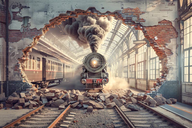 3D Hole Leading To a Vintage Train Station Platform Steam Engine Ready ...