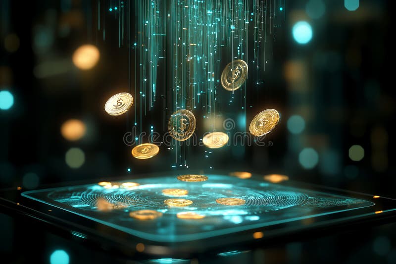 A 3D Hologram of Floating Coins and Currency Notes Emerging from a ...