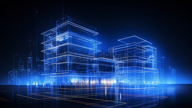 3D Hologram of Wireframe Building. Line Sketch of Exterior Stock ...