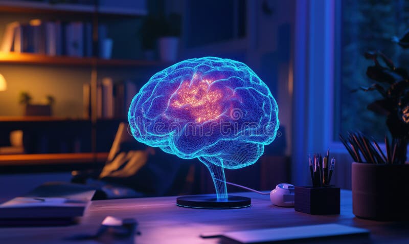 3D Holographic Brain Model Glowing in a Modern Workspace at Night Stock ...