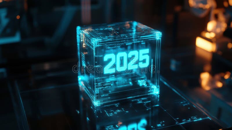3D Holographic Cube Displaying the Year 2025 Stock Illustration ...