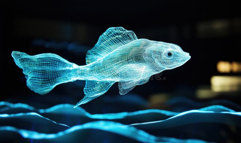 3D Holographic Fish Swimming in Digital Waves with Glowing Blue Lines ...