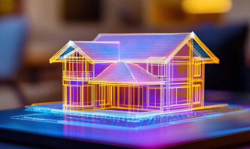 3D Holographic Model of a Modern House Showcasing Architectural Design ...
