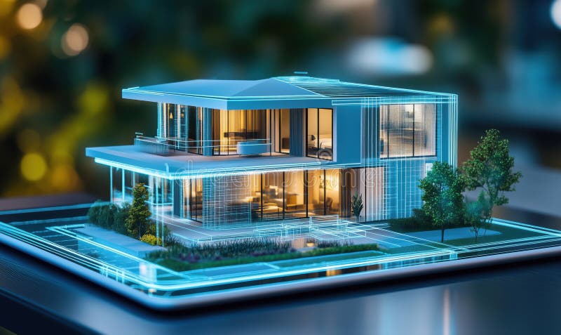 3D Holographic Model of Modern House Showcasing Architectural Design ...
