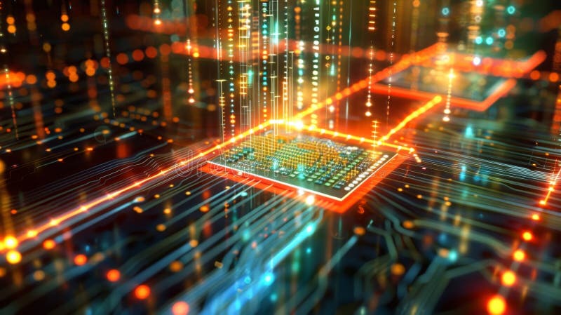 A 3D Holographic Projection Shows a Computer Chip Comprising of Qubits ...