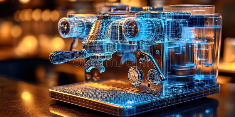 3D Holographic Rendering of an Espresso Machine Showcasing Intricate ...