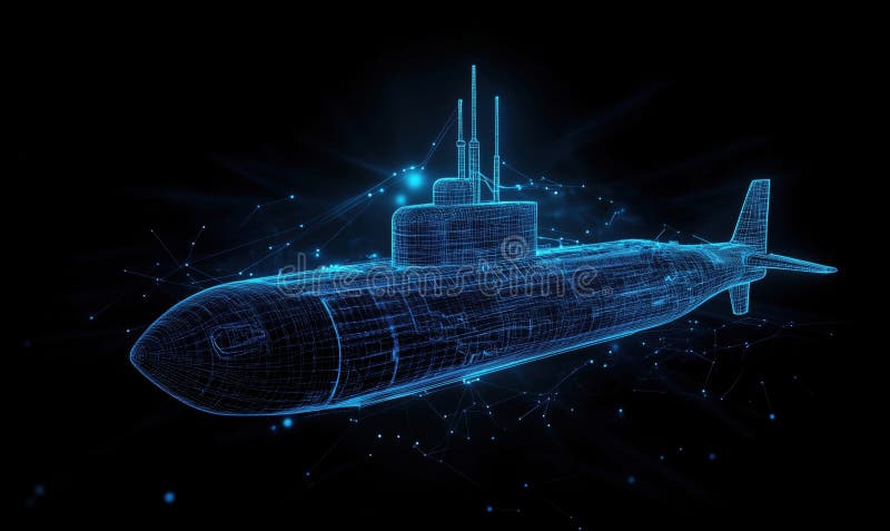 3D Holographic Representation of a Submarine with Digital Wireframe ...