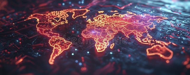 3D Holographic World Map with Glowing Digital Pins and Network Pathways ...