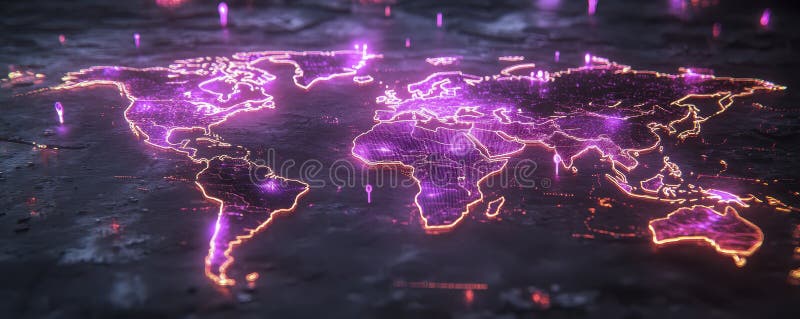 3D Holographic World Map with Glowing Digital Pins and Network Pathways ...