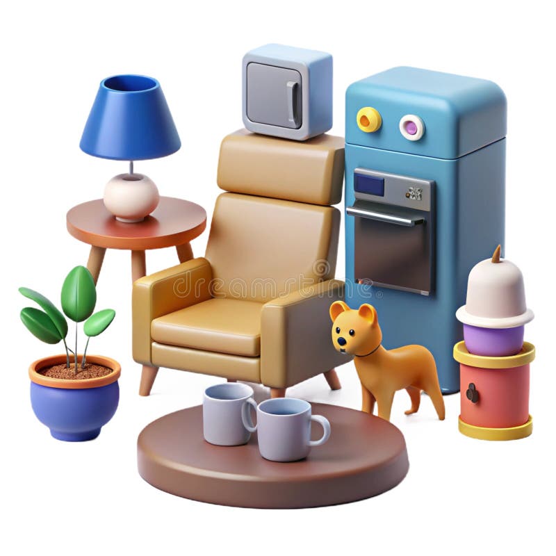 3D Home Objects and Pets Cartoon Icon Set Stock Illustration ...