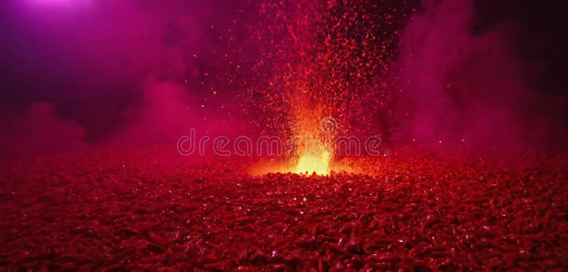 3D Hot Red Powder Explosion Effect Background with Chili Pepper Flying ...